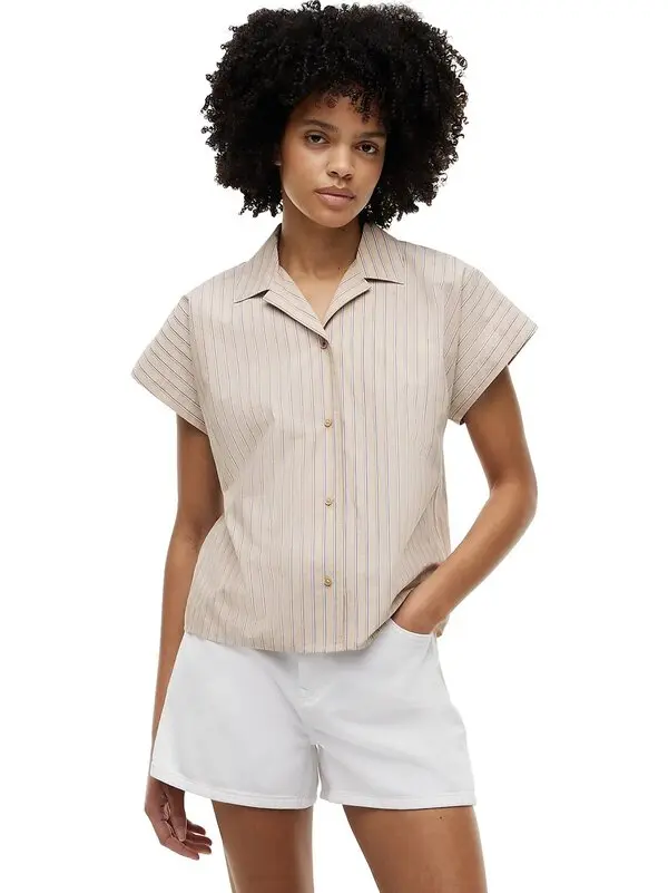 Tommy Hilfiger Striped Cotton Poplin Camp Shirt - Clayed Pebble