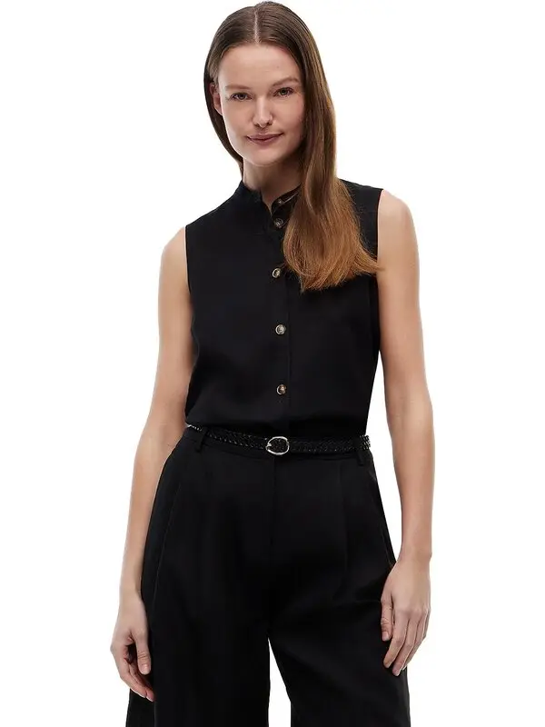 Tommy Hilfiger Sleeveless Band Collar Slub Shirt - Black