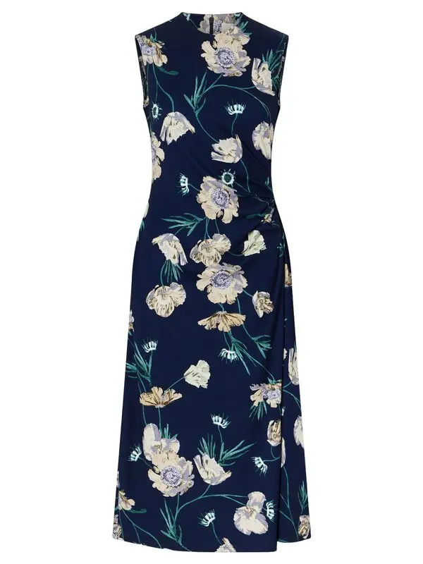 Erdem Floral Printed High Neck Belted Midi Dress - Navy