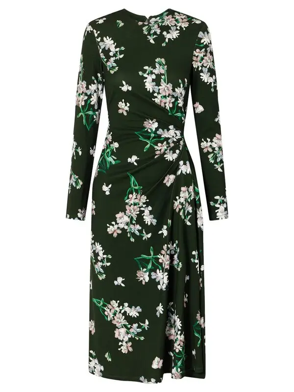 Erdem Gathered Floral-print Jersey Midi Dress - Green