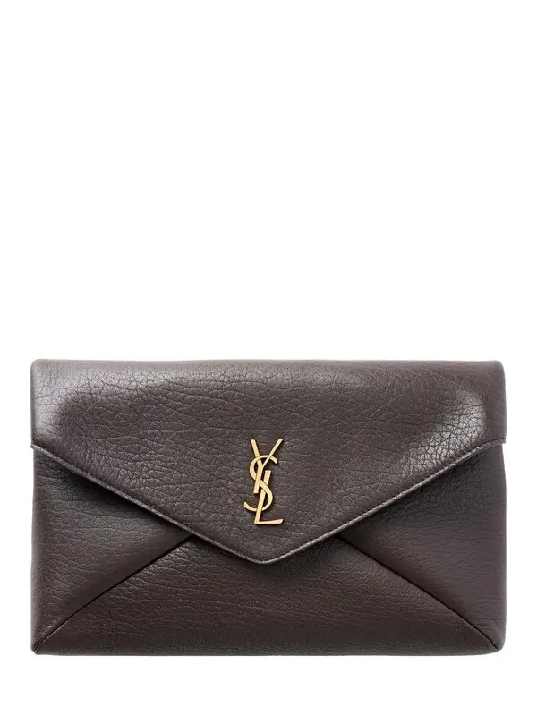 Saint Laurent Cassandre Large Textured-leather Clutch - Brown