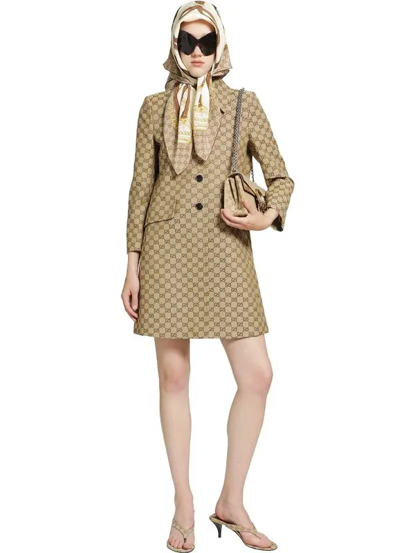 Gucci Gg Canvas Coat With Leather Trim - Beige