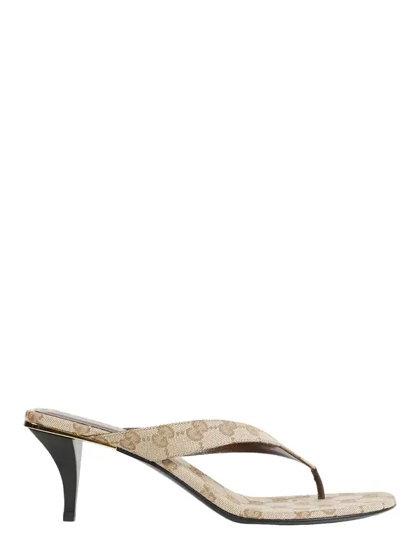 Gucci Gg Canvas And Leather Thong Mid Heel Sandals - Beige