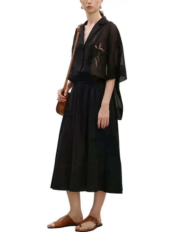 LESS Floral Appliqué Short Sleeve Shirt - Black
