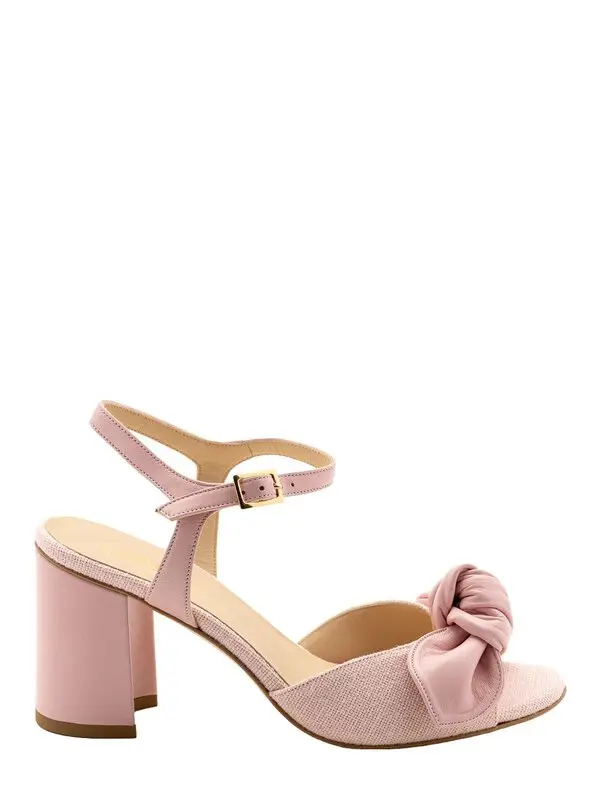 Lukure Bonbon Woven Canvas & Leather Block Heel Sandals With Bow Detailing - Bubble Gum