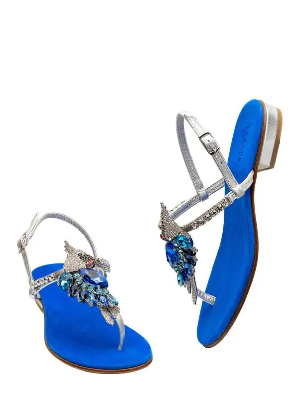 Lukure Rimini Flat Crystal Embellished Sandals - Blue Suede