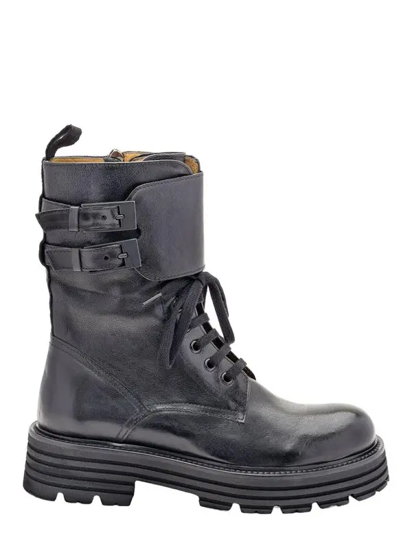 Lukure Hand-painted Kangaroo Leather Combat Lace-up Boots - Black