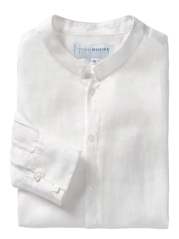 PINK HOUSE Linen Collarless Shirt Plain - White