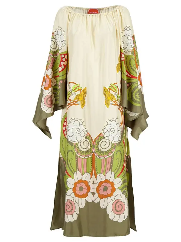 La DoubleJ Date Palms Placée Silk Midi Dress - Multicolour