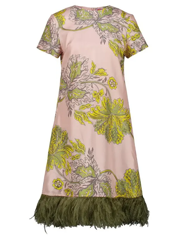 La DoubleJ Swathe Silk Twill Feather Trim Mini Dress - Pink