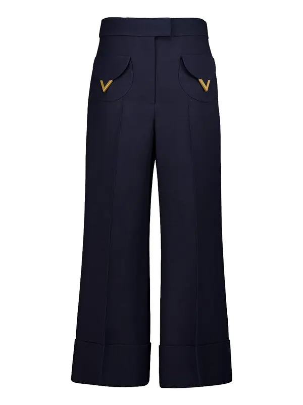 Valentino Garavani Navy Vlogo Wool Wide-leg Trousers - Blue