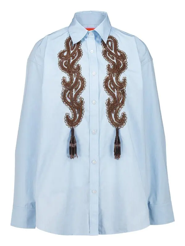 La DoubleJ Peony Placée Embroidered Cotton Boyfriend Shirt - Blue