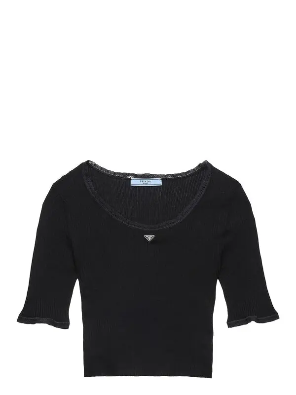 Prada Cropped Ribbed Cotton T-shirt With Lace Trim - Black