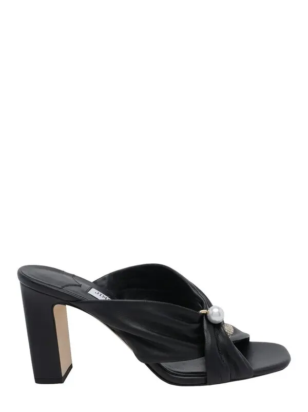 JIMMY CHOO Raffia Leather Block Heel Sandals - Black