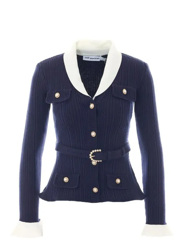 SELF-PORTRAIT Ribbed Knit Cardigan With Jewel Buttons And Belt - Blue