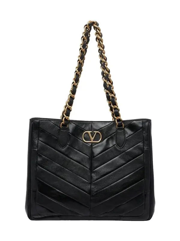 Valentino Garavani Calf Leather Shopping Bag With Chevron Print - Black