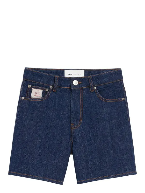 AMI Paris Blue Cotton Heritage Label Shorts - Indigo