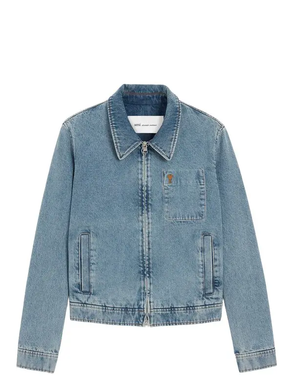 AMI Paris Cotton Contrasted Zipped Jacket With De Coeur - Blue