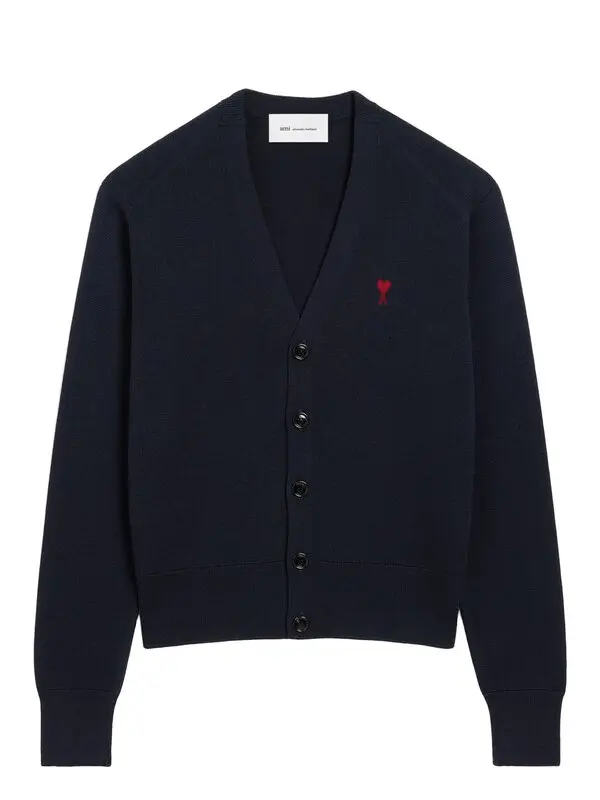 AMI Paris V-neck Wool Cardigan With De Coeur Embroidery - Navy/red