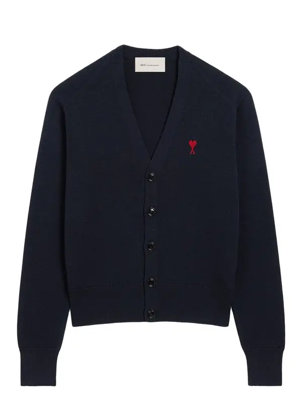 AMI Paris V-neck Wool Cardigan With De Coeur Embroidery - Navy/red