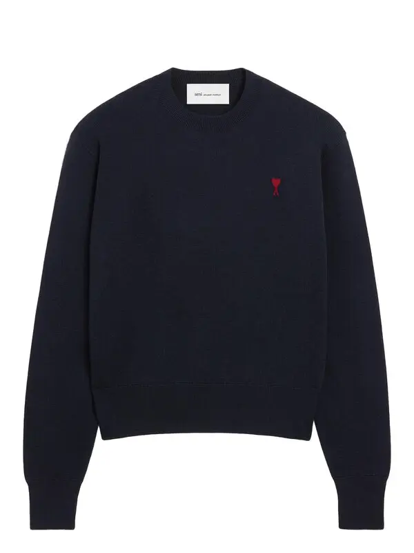 AMI Paris Crewneck Wool Sweater With De Coeur Embroidery - Navy/red