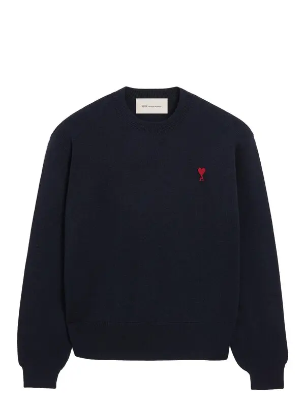 AMI Paris Crewneck Wool Sweater With De Coeur Embroidery - Navy/red