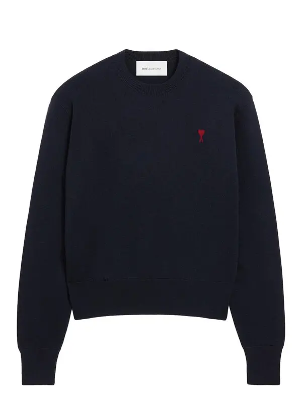 AMI Paris Crewneck Wool Sweater With De Coeur Embroidery - Navy/red