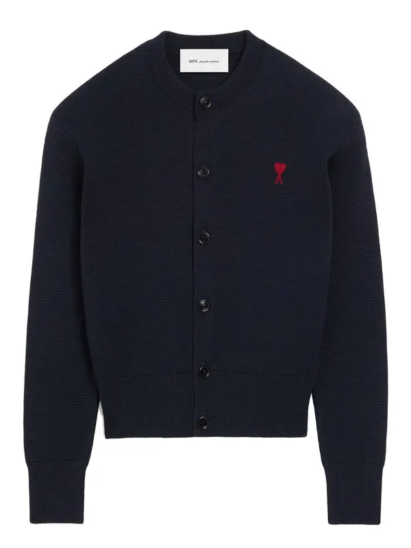 AMI Paris Crewneck Wool Cardigan With De Coeur Embroidery - Navy/red