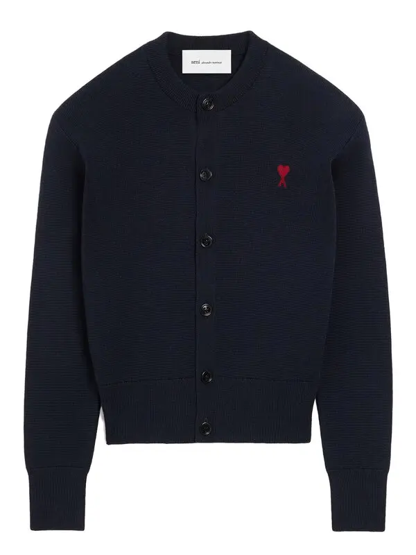 AMI Paris Crewneck Wool Cardigan With De Coeur Embroidery - Navy/red