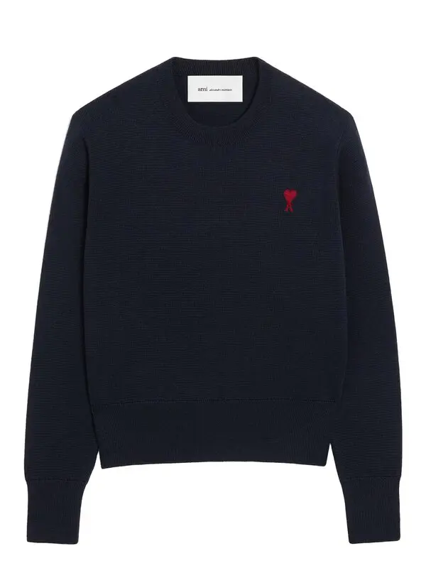 AMI Paris Crewneck Wool Sweater With De Coeur Embroidery - Navy/red
