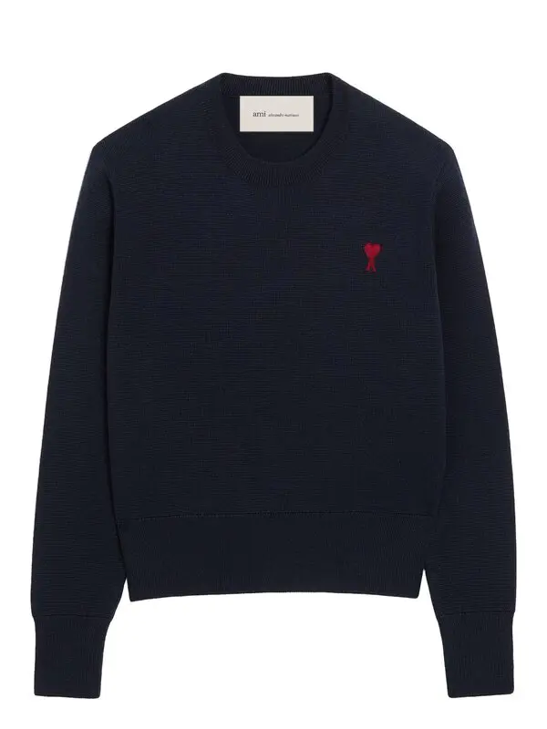 AMI Paris Crewneck Wool Sweater With De Coeur Embroidery - Navy/red