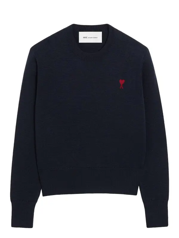 AMI Paris Crewneck Wool Sweater With De Coeur Embroidery - Navy/red