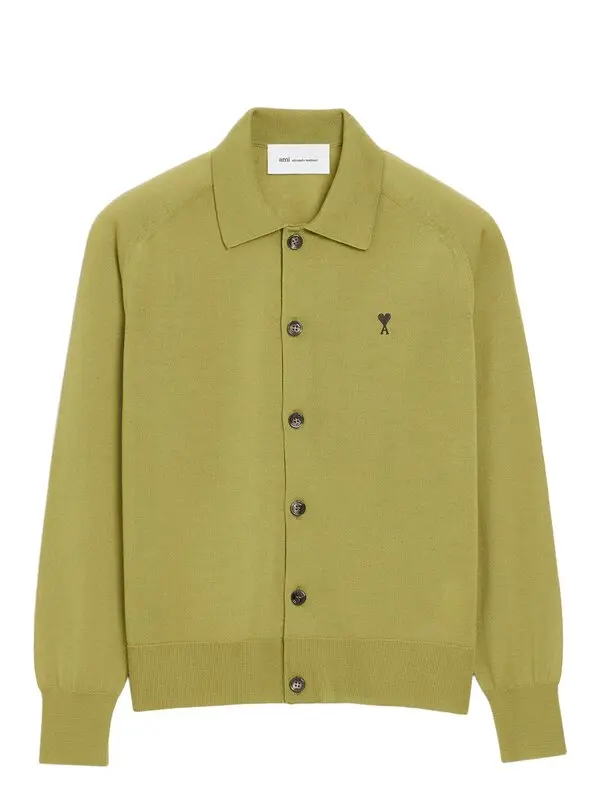 AMI Paris Green Wool Cardigan With De Coeur Embroidery - Matcha/black