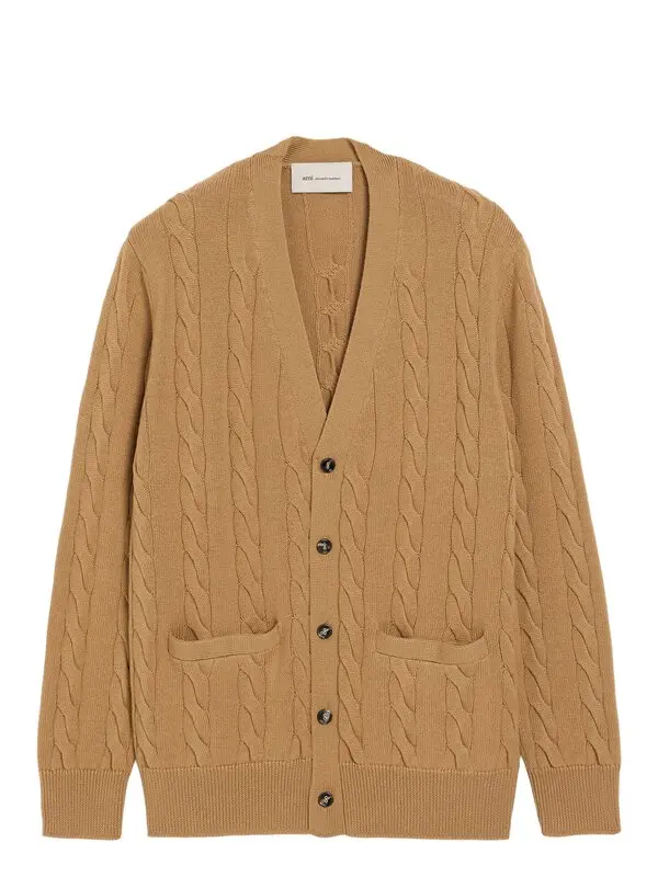 AMI Paris Brown Wool And Cotton Cable Stitch Cardigan - Camel