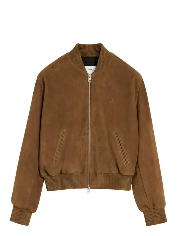 AMI Paris Brown Leather Zipped Jacket - Hazelnut