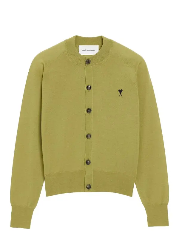 AMI Paris Green Wool Crewneck Cardigan With De Coeur Embroidery - Matcha/black