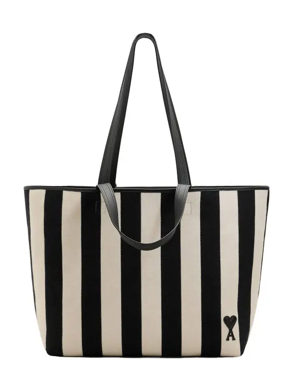 AMI Paris De Coeur Striped Cotton Canvas Shopping Bag - White Cream/black