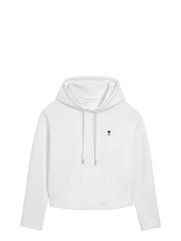 AMI Paris Cropped Cotton Hoodie With De Coeur Embroidery - White
