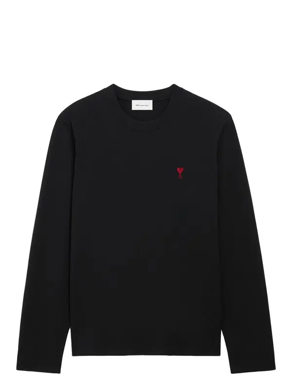 AMI Paris Cotton Long Sleeve T-shirt With De Coeur Embroidery - Black