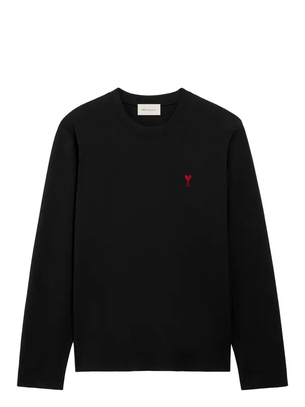 AMI Paris Cotton Longsleeve T-shirt With De Coeur Embroidery - Black