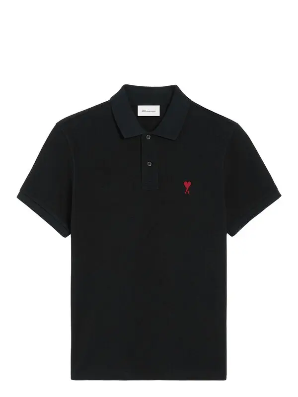 AMI Paris Cotton Polo Shirt With De Coeur Embroidery - Black