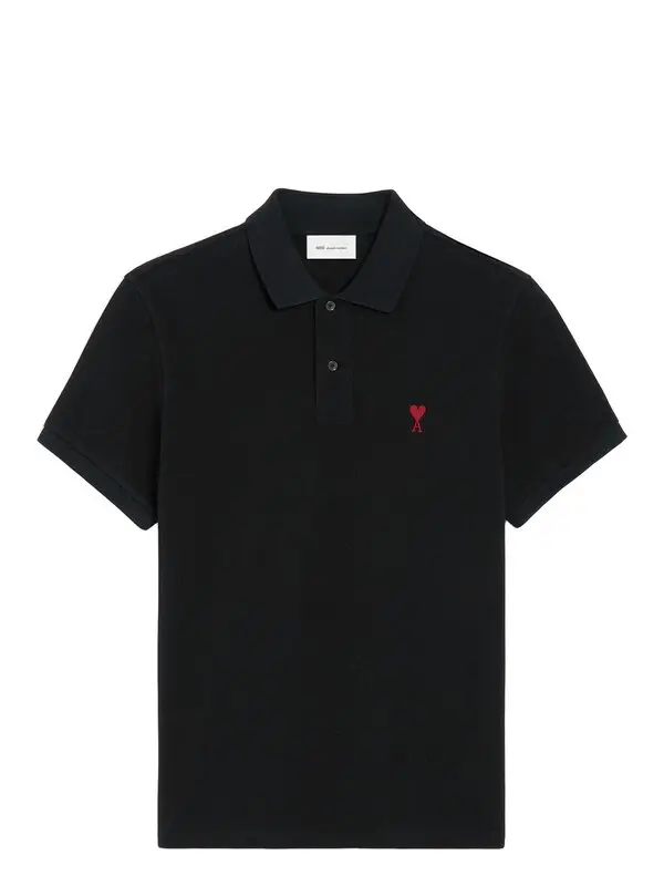 AMI Paris Cotton Polo With De Coeur - Black