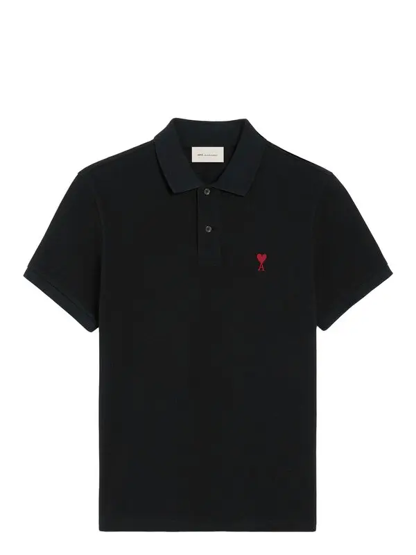 AMI Paris Cotton Polo Shirt With De Coeur Embroidery - Black