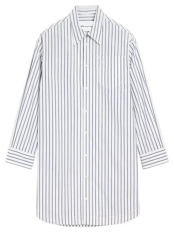 AMI Paris Striped Cotton Wide Shirt Dress - White/ink