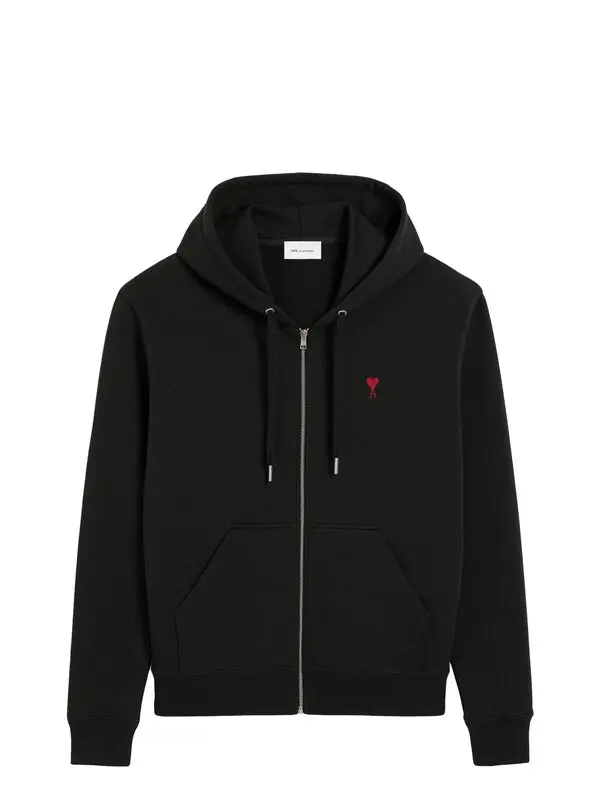 AMI Paris Zipped Cotton Hoodie With De Coeur Embroidery - Black