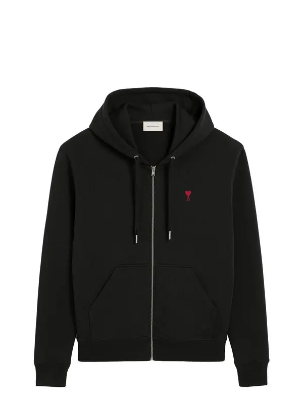 AMI Paris Zipped Cotton Hoodie With De Coeur Embroidery - Black