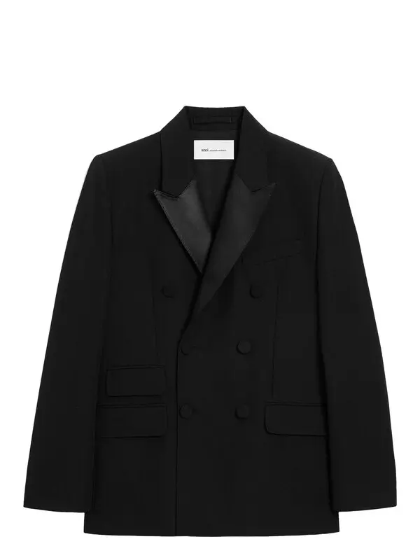 AMI Paris Double Breasted Wool Jacket With Satin Lapel - Black