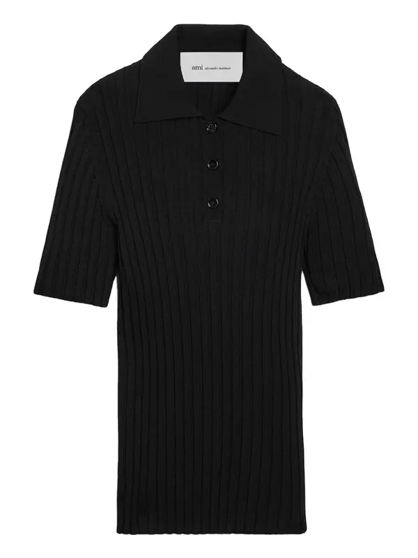 AMI Paris Ribbed Knit Short Sleeve Polo - Black