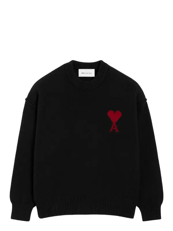 AMI Paris Black Wool Sweater With De Coeur Embroidery - Black/red