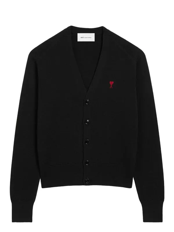 AMI Paris V-neck Wool Cardigan With De Coeur Embroidery - Black/red